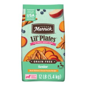 merrick lil’ plates premium grain free senior dry dog food for small dogs, real chicken, sweet potato kibble - 12.0 lb. bag