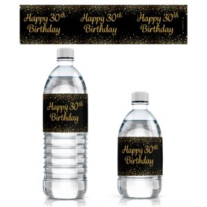 black and gold 30th birthday party water bottle labels - 24 stickers