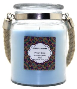 crystalo creations fresh linen scented candle with rope handle, 18 ounce