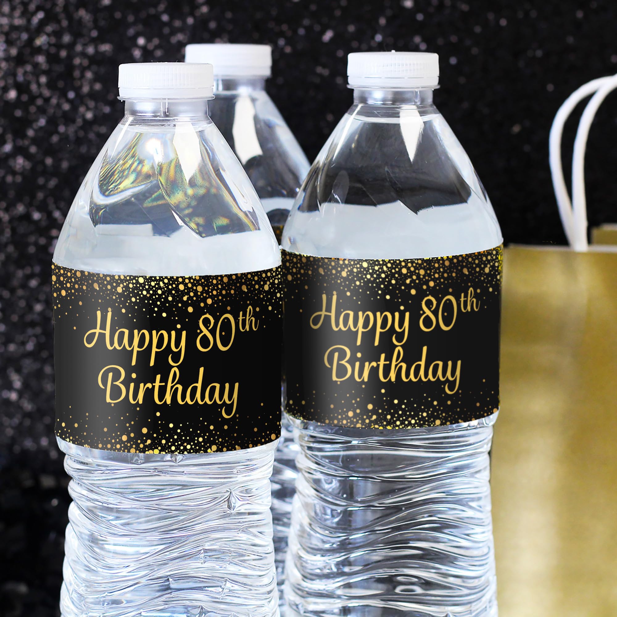 Black and Gold 80th Birthday Party Water Bottle Labels, 80th Birthday Decorations, Waterproof Stickers for Water Bottles - 24 Stickers