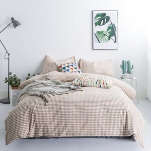 susybao tan gingham duvet cover king 100% washed cotton beige plaid duvet cover set 3 pieces 1 checkered grid duvet cover with zipper ties 2 pillowcases vintage luxury soft gingham bedding set durable