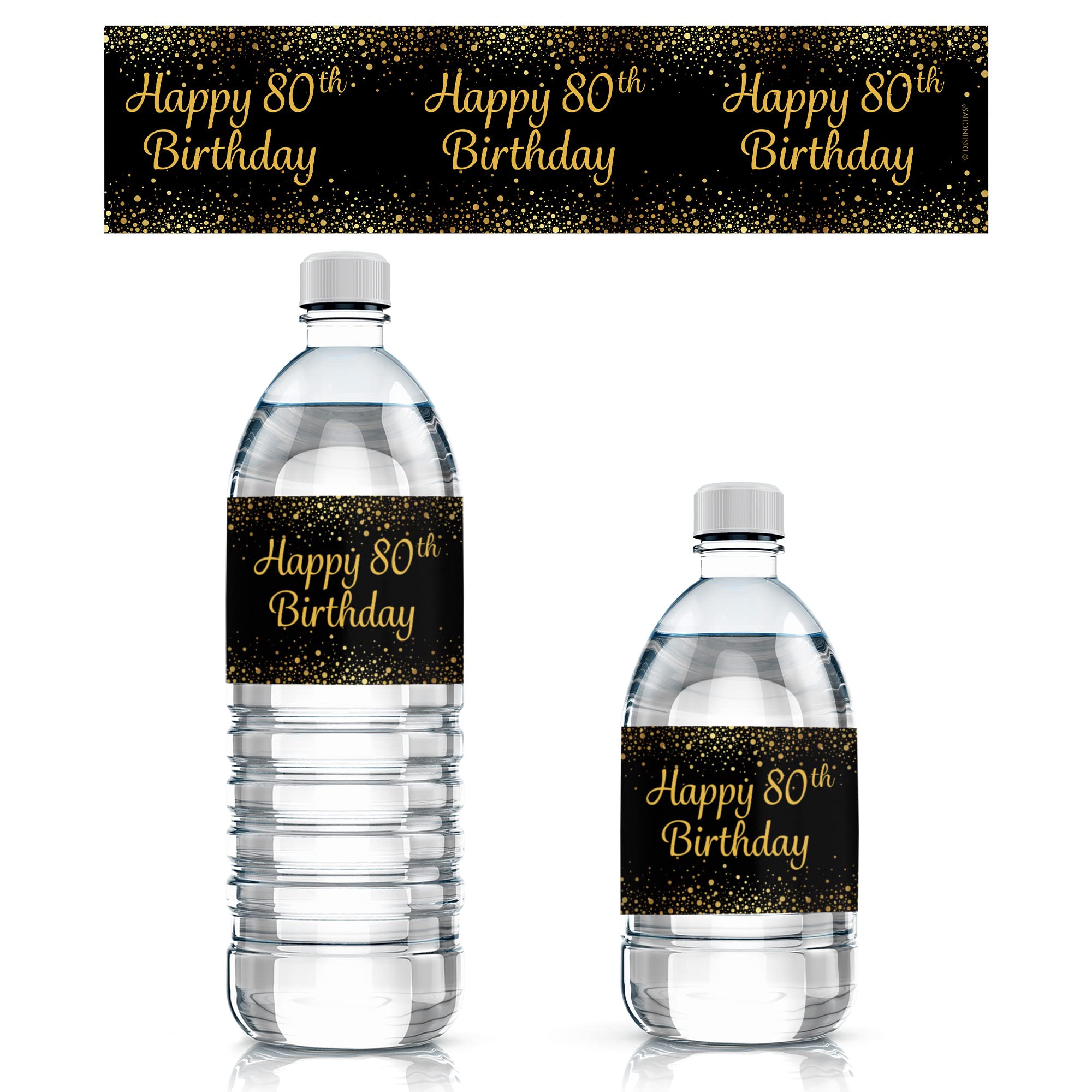 Black and Gold 80th Birthday Party Water Bottle Labels, 80th Birthday Decorations, Waterproof Stickers for Water Bottles - 24 Stickers