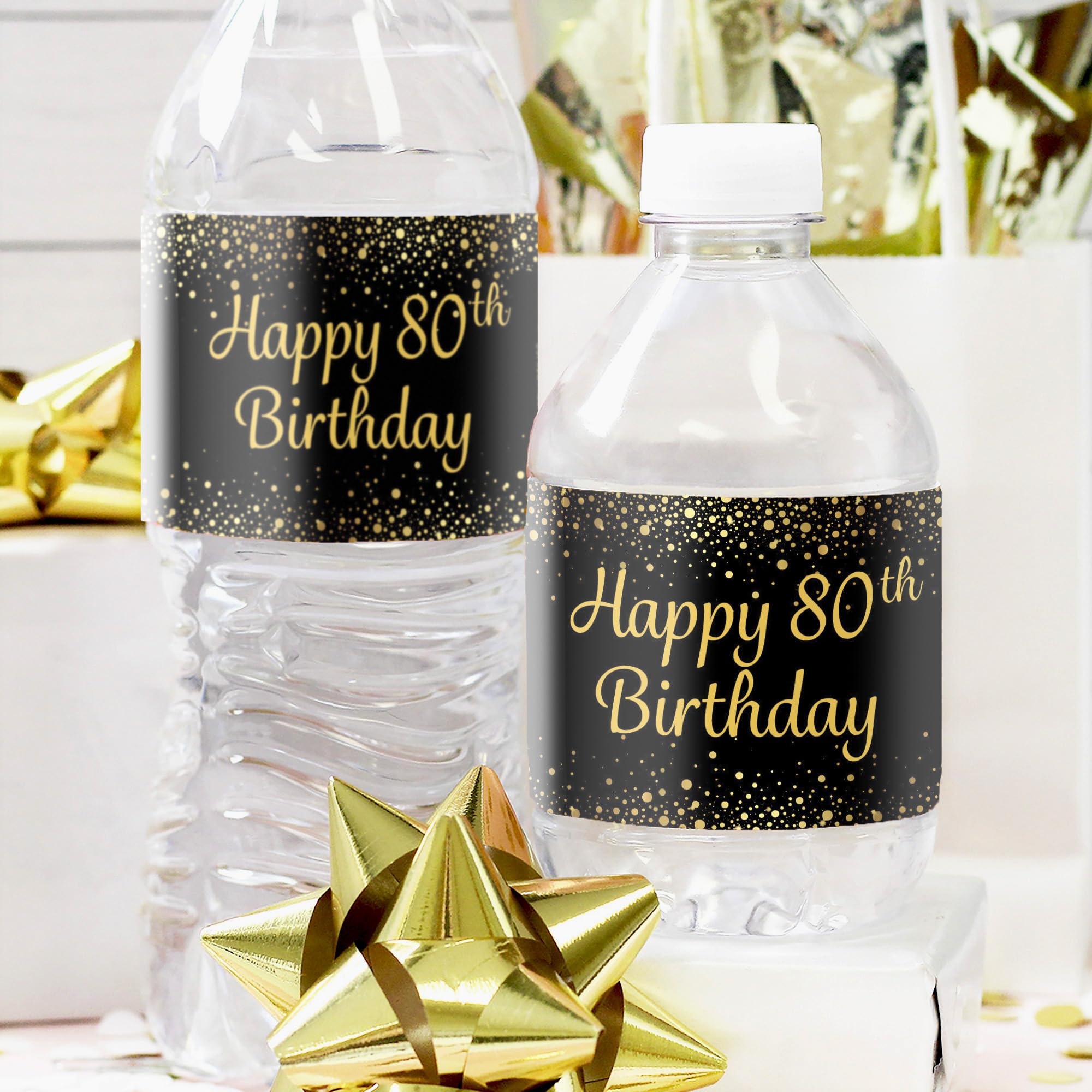 Black and Gold 80th Birthday Party Water Bottle Labels, 80th Birthday Decorations, Waterproof Stickers for Water Bottles - 24 Stickers