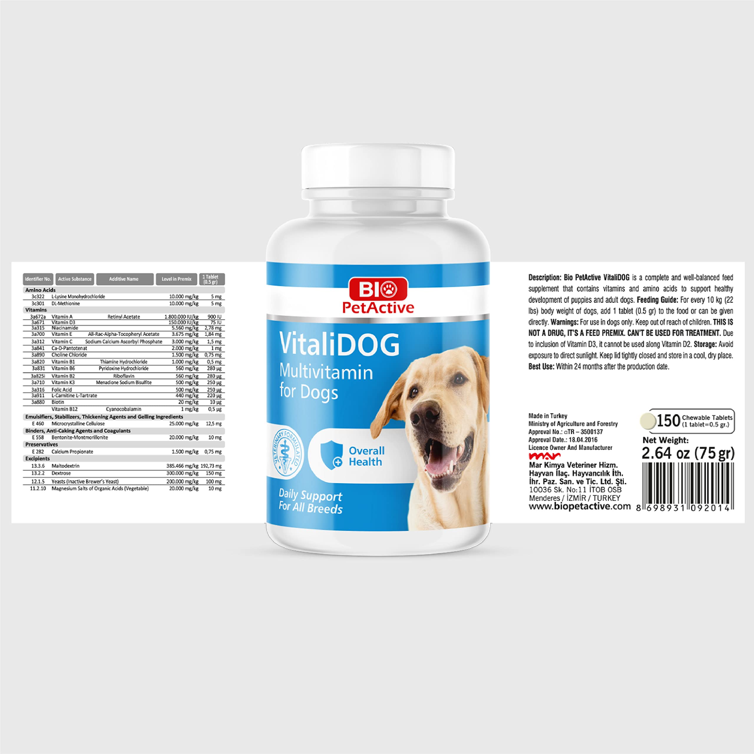 VitaliDOG Multivitamin for Dogs, Skin and Coat Supplement, Dog Prenatal Health Supplies, Vitamin A + E + B9 + B5 + H + Biotin + Amino Acids + Folic Acid for Dogs, 150 Chewable Tablets