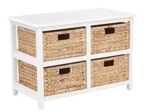 osp home furnishings seabrook storage tower with solid wood frame and natural baskets, 2-tier, 4-drawer, white finish