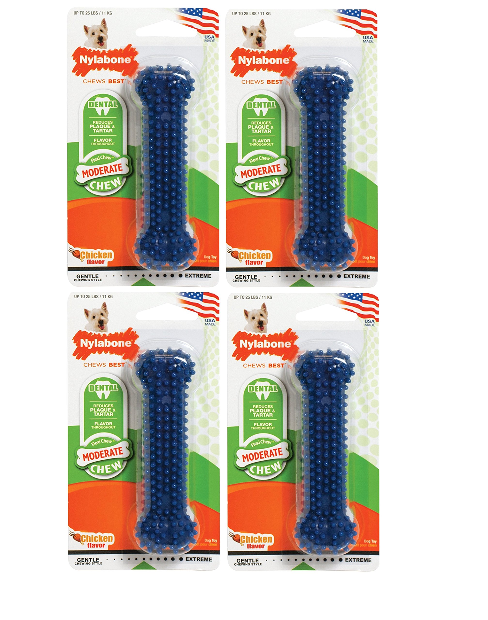 Nylabone 4 Pack of Moderate Chew Dental Chew Toys, Regular, Chicken Flavor, Made in The USA for Dogs Up to 25 Pounds