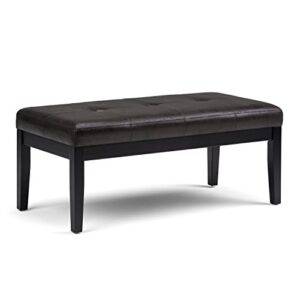 simplihome lacey 43 inch wide rectangle ottoman bench distressed black tufted footrest stool, faux leather for living room, bedroom, contemporary modern