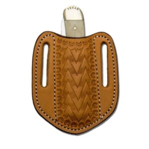 leather knife sheath, tooled leather vertical pancake sheath, trapper knife sheath, tan