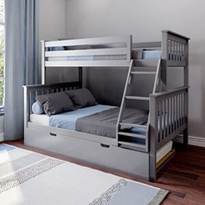 max & lily bunk bed, twin-over-full wood bed frame for kids with trundle, grey