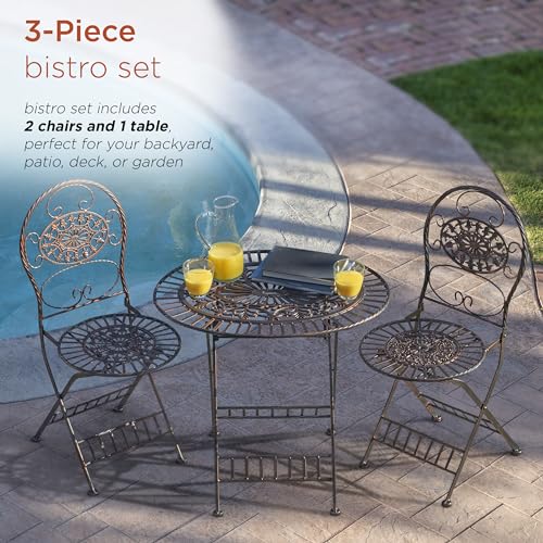 Alpine Corporation Indoor/Outdoor 3-Piece Oval Bistro Set Folding Table and Chairs Patio Seating, Bronze