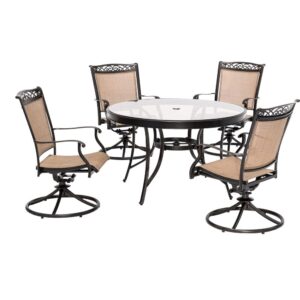 hanover fontana 5-piece outdoor dining set with tan pvc sling swivel rocker chairs and 47" round glass-top outdoor table, patio dining set for 4, weather resistant patio furniture for backyard & deck