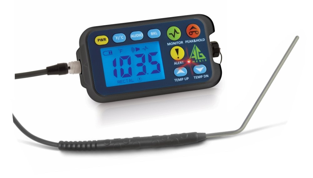 Cattle Rectal Thermometer with 4” Angled Probe. Fast, Accurate Veterinary Thermometer for Dairy and Feedlot. AG-Medix AG-102 Thermometer with large LED and Arm Holster for easy one-hand operation.