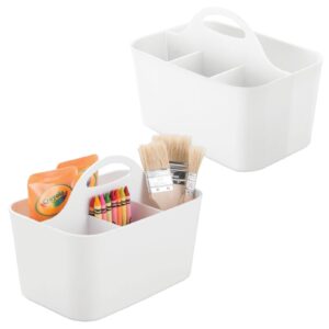 mdesign plastic portable craft storage organizer caddy tote, divided basket bin with handle for crafts, sewing, art supplies - holds brushes, colored pencils - lumiere collection - 2 pack - white