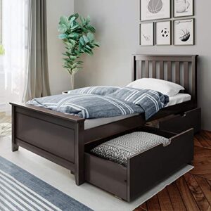 max & lily twin bed, bed frame with headboard for kids with storage drawers, slatted, espresso