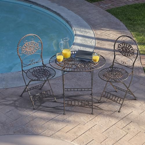 Alpine Corporation Indoor/Outdoor 3-Piece Oval Bistro Set Folding Table and Chairs Patio Seating, Bronze