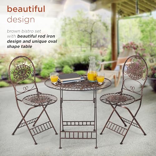 Alpine Corporation Indoor/Outdoor 3-Piece Oval Bistro Set Folding Table and Chairs Patio Seating, Bronze