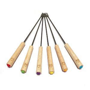 homey product - set of 6 fondue forks - rust resistant stainless steel skewer sticks with natural bare oak wood handles - 9.5" and perfect for melted cheese, meat, fruit and more