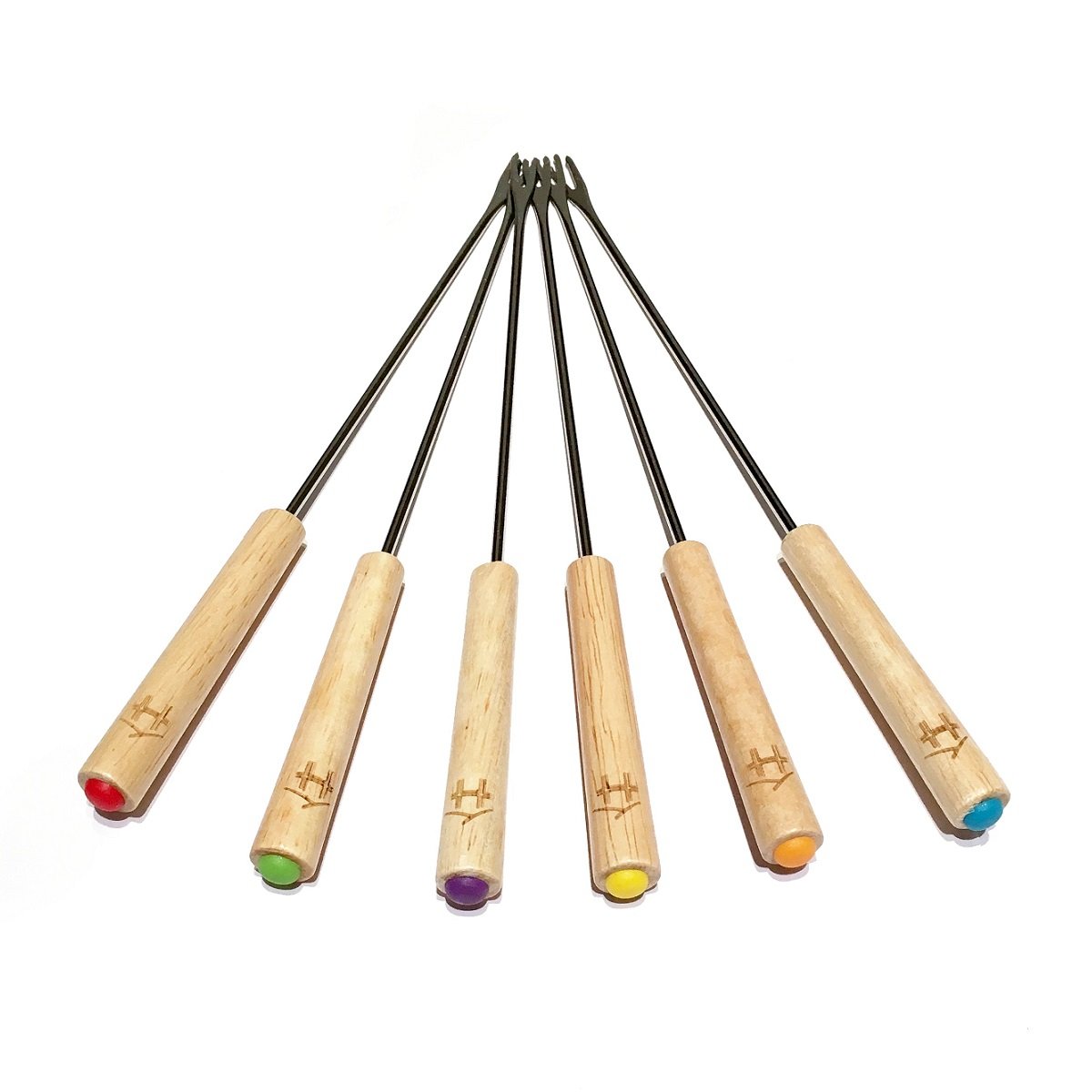 Homey Product - Set of 6 Fondue Forks - Rust Resistant Stainless Steel Skewer Sticks with Natural Bare Oak Wood Handles - 9.5" and Perfect for Melted Cheese, Meat, Fruit and More