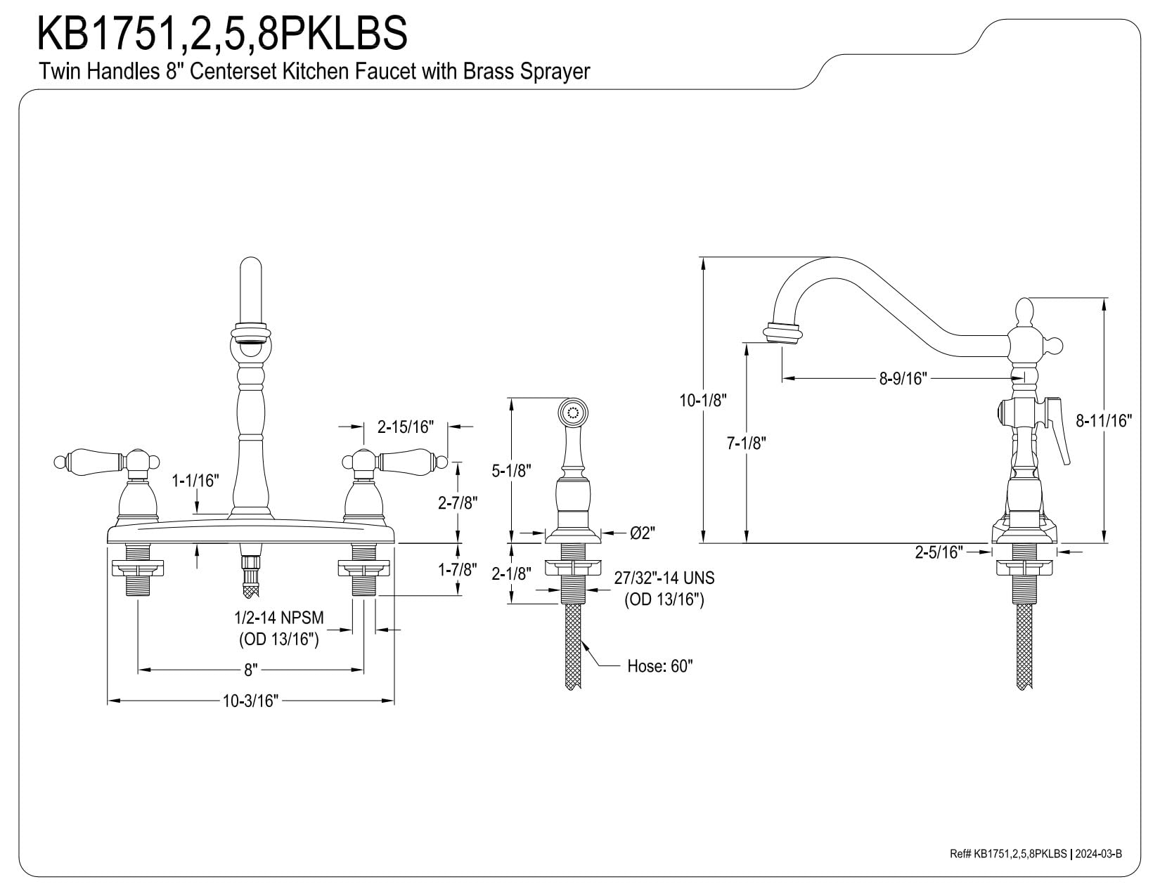 Kingston Brass KB1752PKLBS Duchess 8 inch Centerset Kitchen Faucet with Brass Sprayer, 8-5/8 inch In Spout Reach, Polished Brass