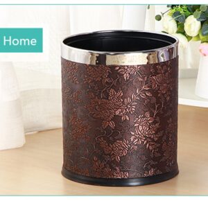 Trash Can Luxury Double Layer Leather with Stainless Steel Ring Metal Waste bin 10L Garbage Container Dustbin case for Hotel Office (Vintage)