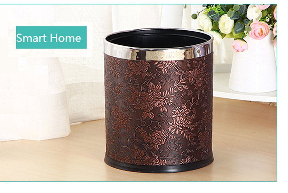 Trash Can Luxury Double Layer Leather with Stainless Steel Ring Metal Waste bin 10L Garbage Container Dustbin case for Hotel Office (Vintage)