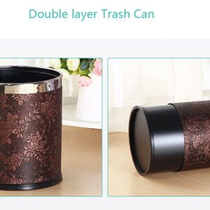 Trash Can Luxury Double Layer Leather with Stainless Steel Ring Metal Waste bin 10L Garbage Container Dustbin case for Hotel Office (Vintage)