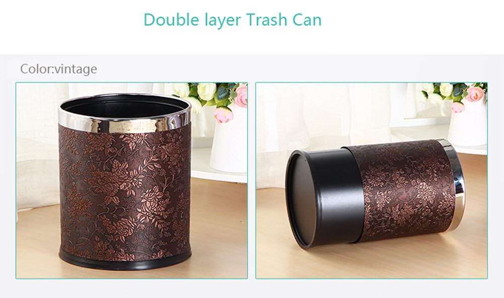 Trash Can Luxury Double Layer Leather with Stainless Steel Ring Metal Waste bin 10L Garbage Container Dustbin case for Hotel Office (Vintage)