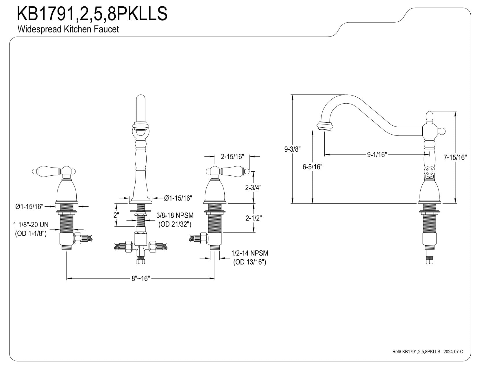 Kingston Brass KB1792PKLLS Duchess 8 inch To 16 inch Widespread Kitchen Faucet Less Sprayer, 8-1/4 inch In Spout Reach, Polished Brass