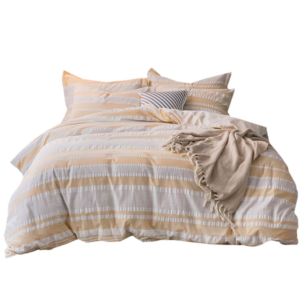 Merryfeel Seersucker Duvet Cover Set Queen Size,100% Cotton Seersucker Textured Striped Bedding Set,3 Pieces(1 Duvet Cover with 2 Pillowshams) - Light Yellow