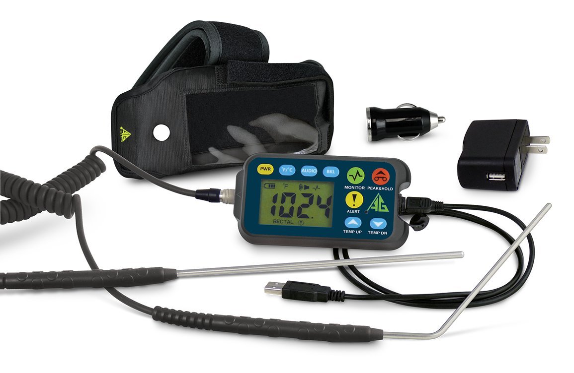 Cattle Rectal Thermometer with 4” Angled Probe. Fast, Accurate Veterinary Thermometer for Dairy and Feedlot. AG-Medix AG-102 Thermometer with large LED and Arm Holster for easy one-hand operation.