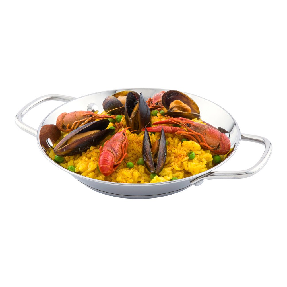 Restaurantware 8 Inch Spanish Paella Pan 1 Induction Ready Paella Pan - Heavy-Duty Riveted Handles Silver Stainless Steel Spanish Pan Dishwasher-Safe Paella Cookware For Homes or Restaurants