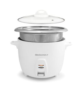 elite gourmet erc-2020 electric rice cooker with stainless steel inner pot makes soups, stews, grains, cereals, keep warm feature, 20 cups cooked (10 cups uncooked), white