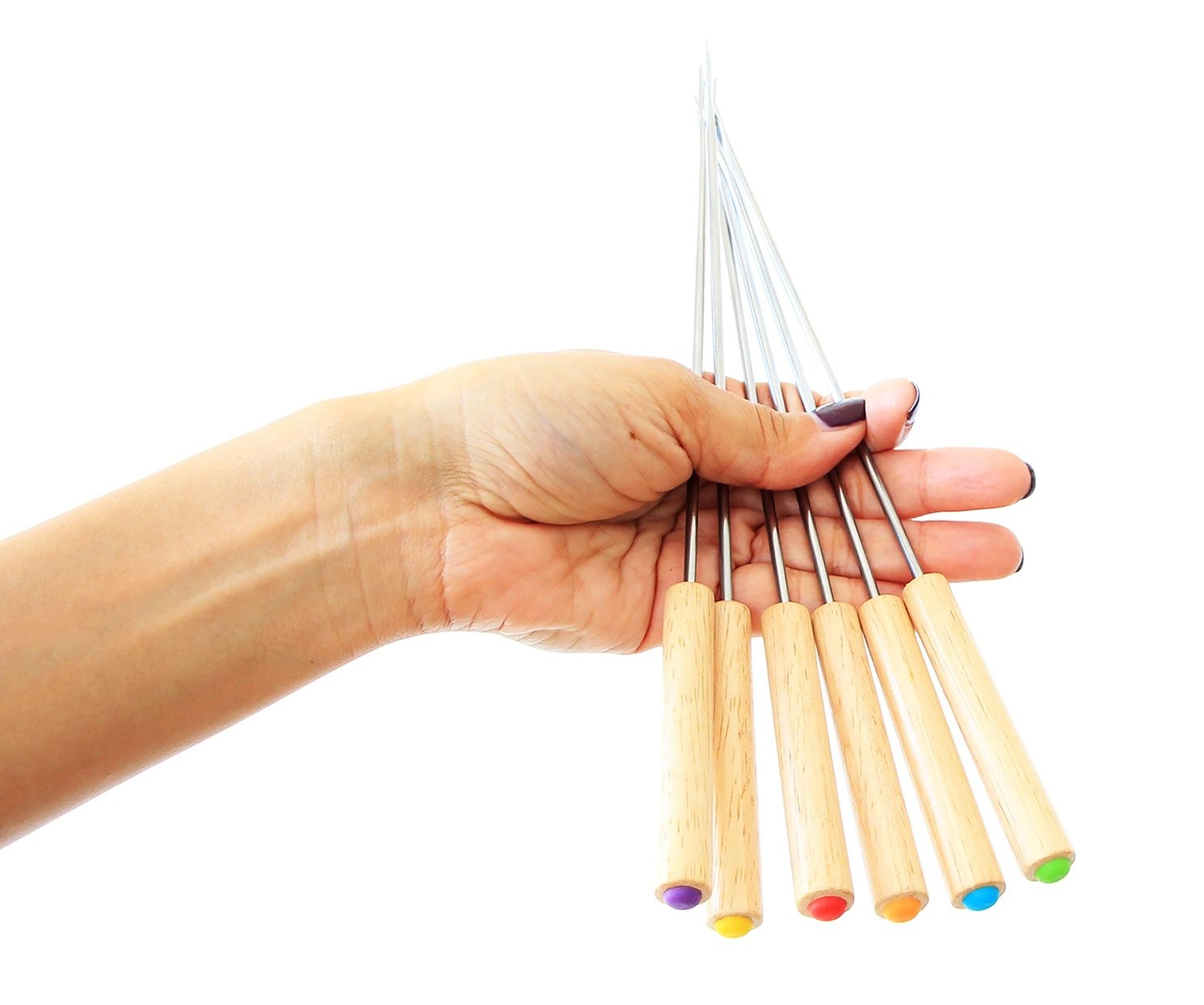 Homey Product - Set of 6 Fondue Forks - Rust Resistant Stainless Steel Skewer Sticks with Natural Bare Oak Wood Handles - 9.5" and Perfect for Melted Cheese, Meat, Fruit and More