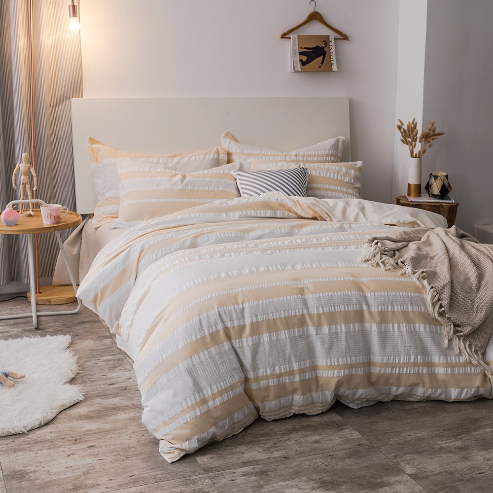 Merryfeel Seersucker Duvet Cover Set Queen Size,100% Cotton Seersucker Textured Striped Bedding Set,3 Pieces(1 Duvet Cover with 2 Pillowshams) - Light Yellow