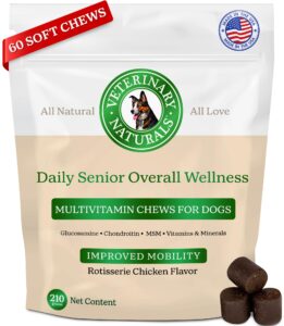 vet naturals daily senior overall wellness joint supplement for dogs - all-in-one dog vitamins w glucosamine for dogs - 60ct dog hip and joint supplement - grain-free, soy-free, rotisserie chicken