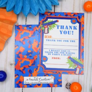 Dart Gun Themed Thank You Notes for Kids, Ten 4" x 5.5" Fill In The Blank Cards with 10 White Envelopes to match Invitations by AmandaCreation