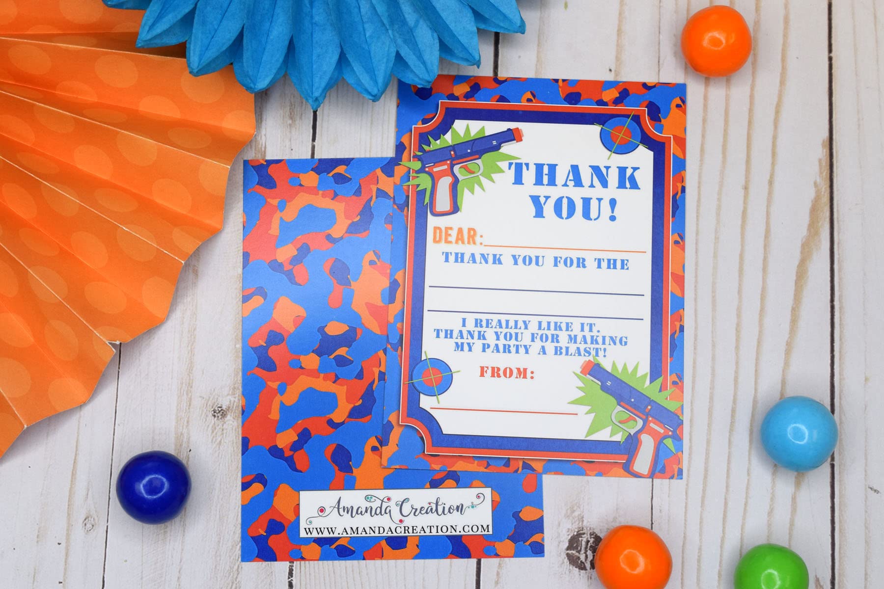 Dart Gun Themed Thank You Notes for Kids, Ten 4" x 5.5" Fill In The Blank Cards with 10 White Envelopes to match Invitations by AmandaCreation