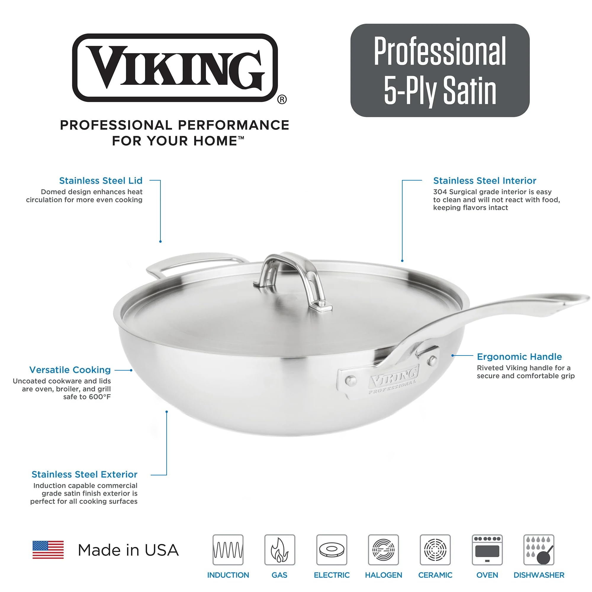 Viking Culinary Professional 5-Ply Stainless Steel Chef Pan, 12 Inch, Includes Steel Lid & Ergonomic Stay-Cool Handle, Dishwasher, Oven Safe, Works on All Cooktops including Induction