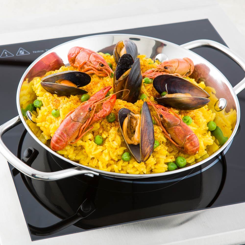 Restaurantware 8 Inch Spanish Paella Pan 1 Induction Ready Paella Pan - Heavy-Duty Riveted Handles Silver Stainless Steel Spanish Pan Dishwasher-Safe Paella Cookware For Homes or Restaurants