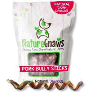 nature gnaws pork bully stick springs for dogs 7-8" (12 count) - long lasting for small and medium dogs - natural bacon dog chew treats - rawhide free