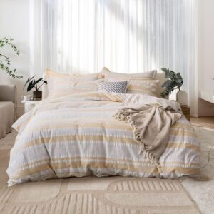 merryfeel seersucker duvet cover set queen size,100% cotton seersucker textured striped bedding set,3 pieces(1 duvet cover with 2 pillowshams) - light yellow