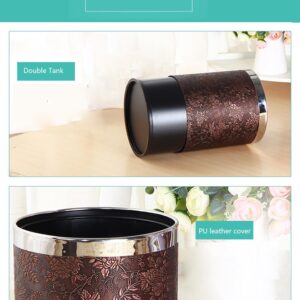 Trash Can Luxury Double Layer Leather with Stainless Steel Ring Metal Waste bin 10L Garbage Container Dustbin case for Hotel Office (Vintage)