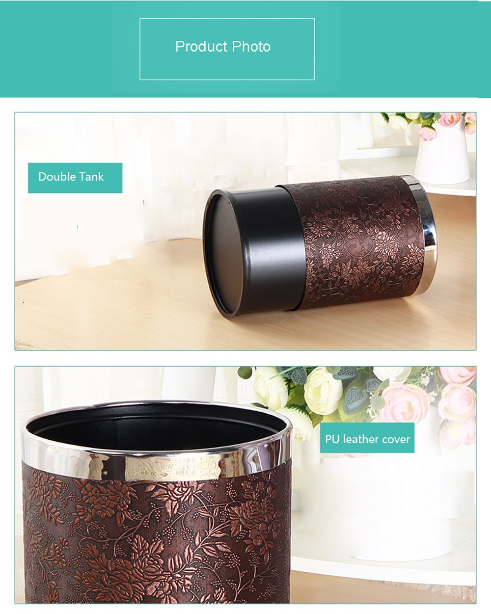 Trash Can Luxury Double Layer Leather with Stainless Steel Ring Metal Waste bin 10L Garbage Container Dustbin case for Hotel Office (Vintage)