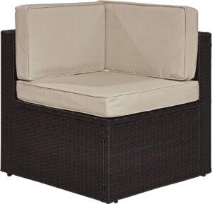 crosley furniture palm harbor corner outdoor sectional chair, wicker patio chairs for porch, deck, backyard, brown with sand cushions