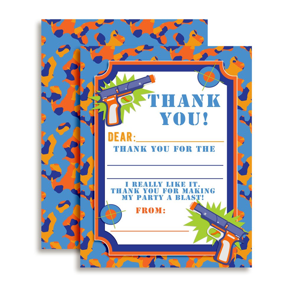 Dart Gun Themed Thank You Notes for Kids, Ten 4" x 5.5" Fill In The Blank Cards with 10 White Envelopes to match Invitations by AmandaCreation