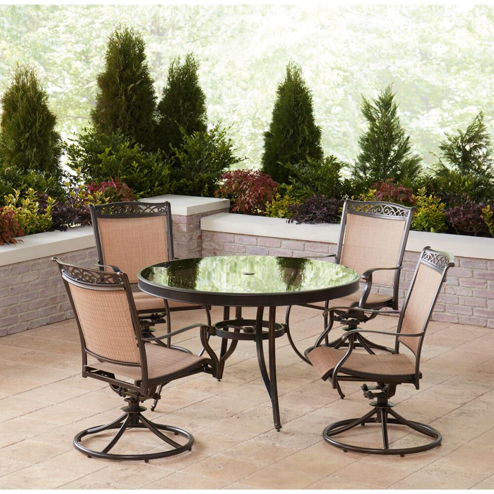 Hanover Fontana 5-Piece Outdoor Dining Set with Tan PVC Sling Swivel Rocker Chairs and 47" Round Glass-Top Outdoor Table, Patio Dining Set for 4, Weather Resistant Patio Furniture for Backyard & Deck