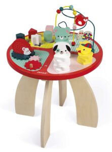 janod baby forest wooden activity table - 4 play areas - 23.2" tall - ages 1+ - j08018