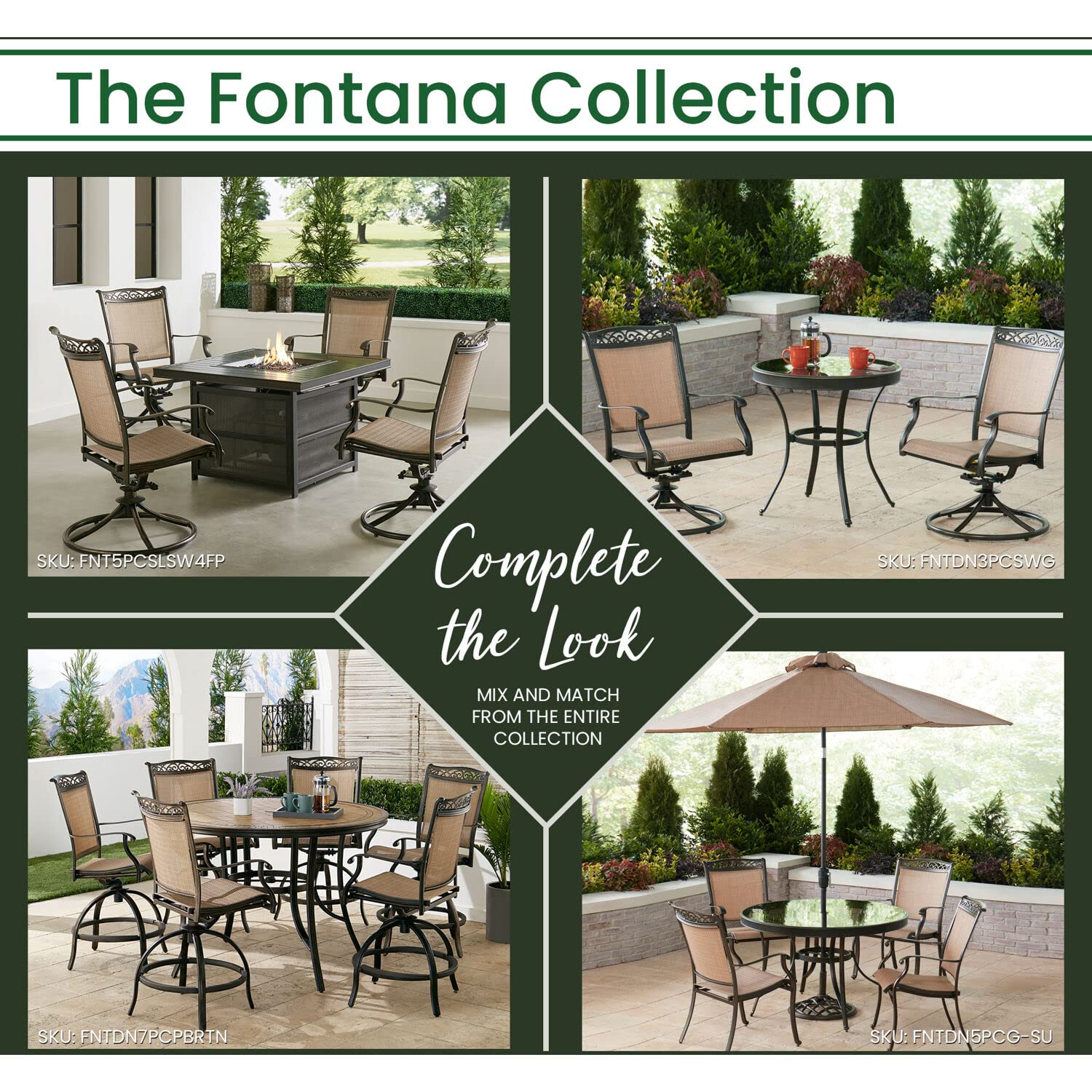 Hanover Fontana 5-Piece Outdoor Dining Set with Tan PVC Sling Swivel Rocker Chairs and 47" Round Glass-Top Outdoor Table, Patio Dining Set for 4, Weather Resistant Patio Furniture for Backyard & Deck