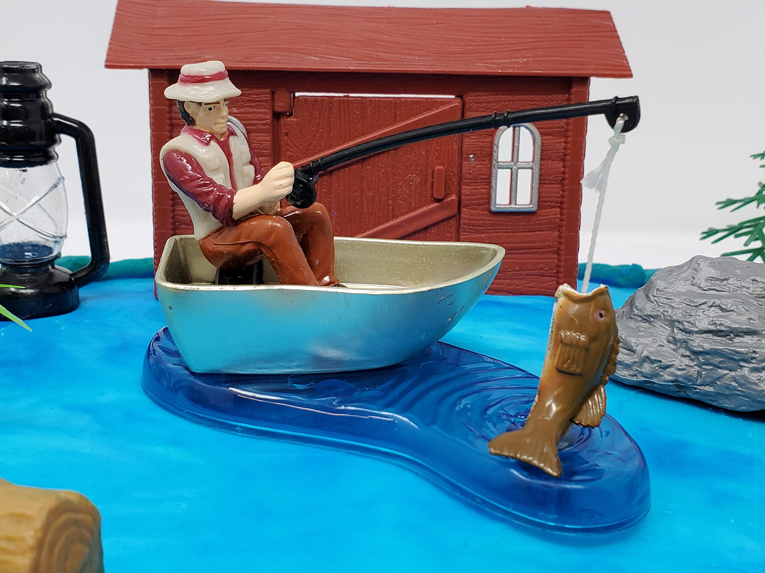 Gone Fishing Fisherman Themed Birthday Cake Topper Set Featuring Camping Angler in Boat with Decorative Themed Accessories