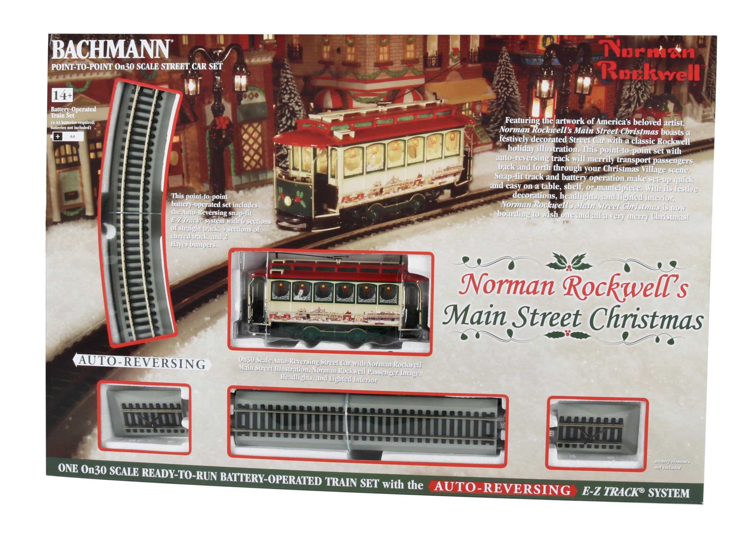 Bachmann Trains - Norman Rockwell's Main Street Christmas Battery Operated Auto Reversing Village Streetcar Set - On30 Scale - Runs on HO Track